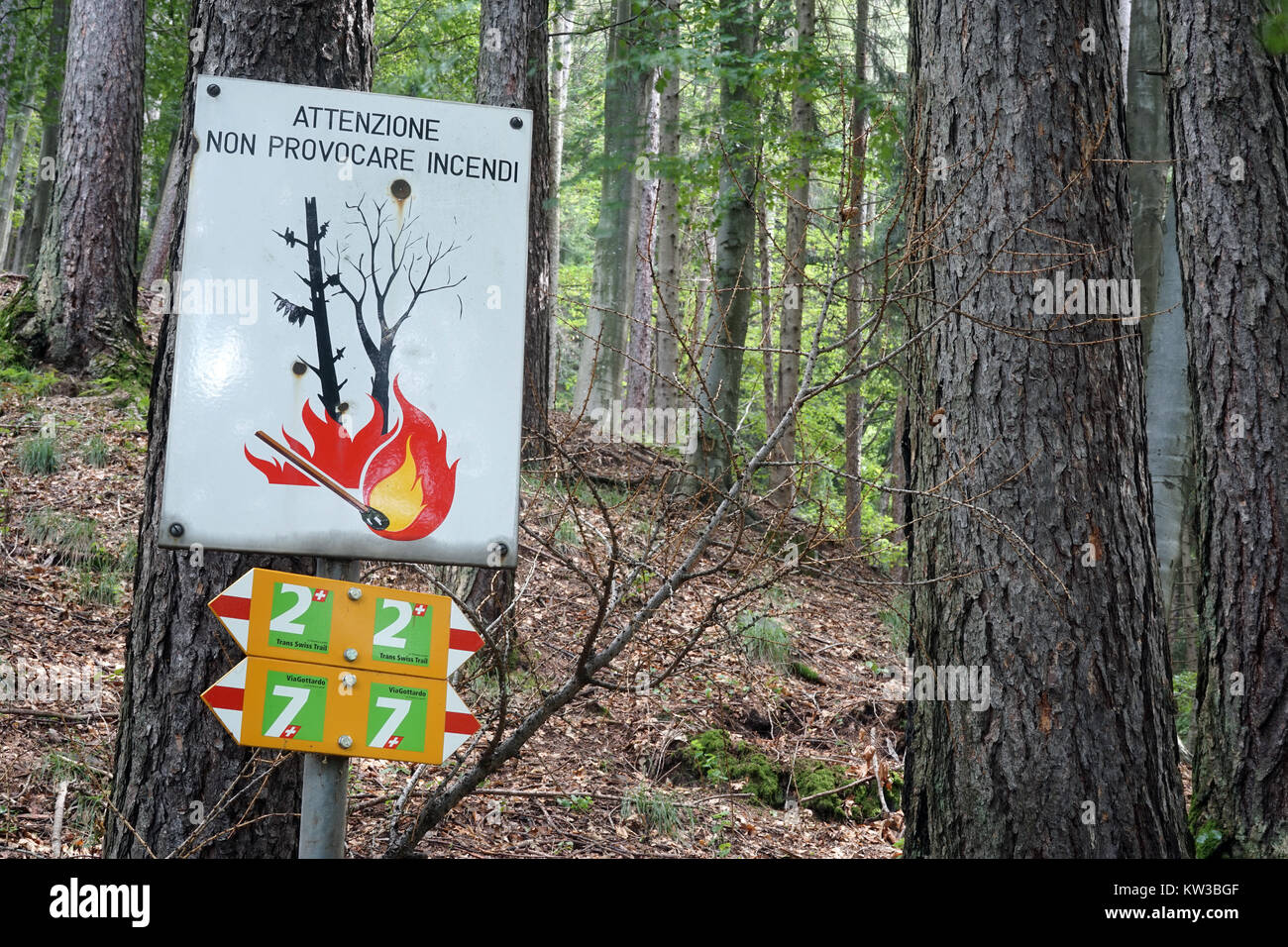 Sign stop fire in the forest in Swiss Alps in Switzerland Stock Photo ...