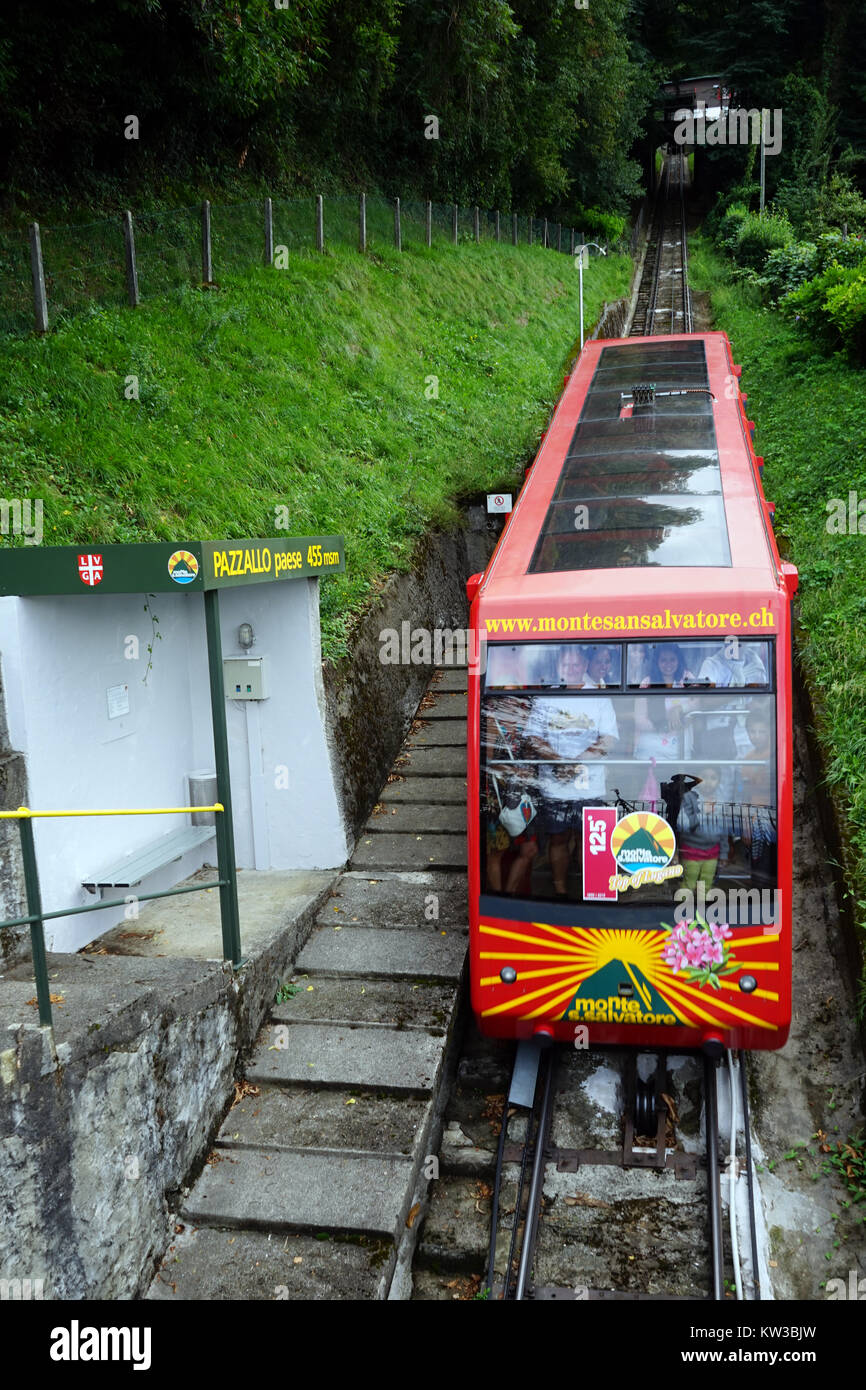 LUGANO, SWITZERLAND - CIRCA AUGUST 2015 Funicular near platform on the ...