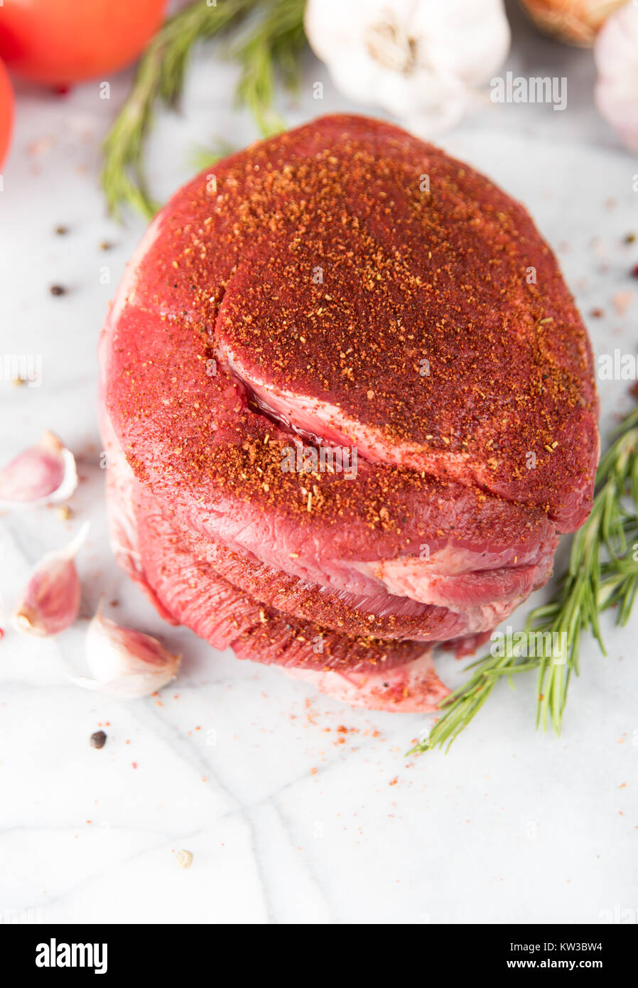 Raw Grass-Fed Beef Roast on Kitchen Counter Ready for Seasoning Stock ...