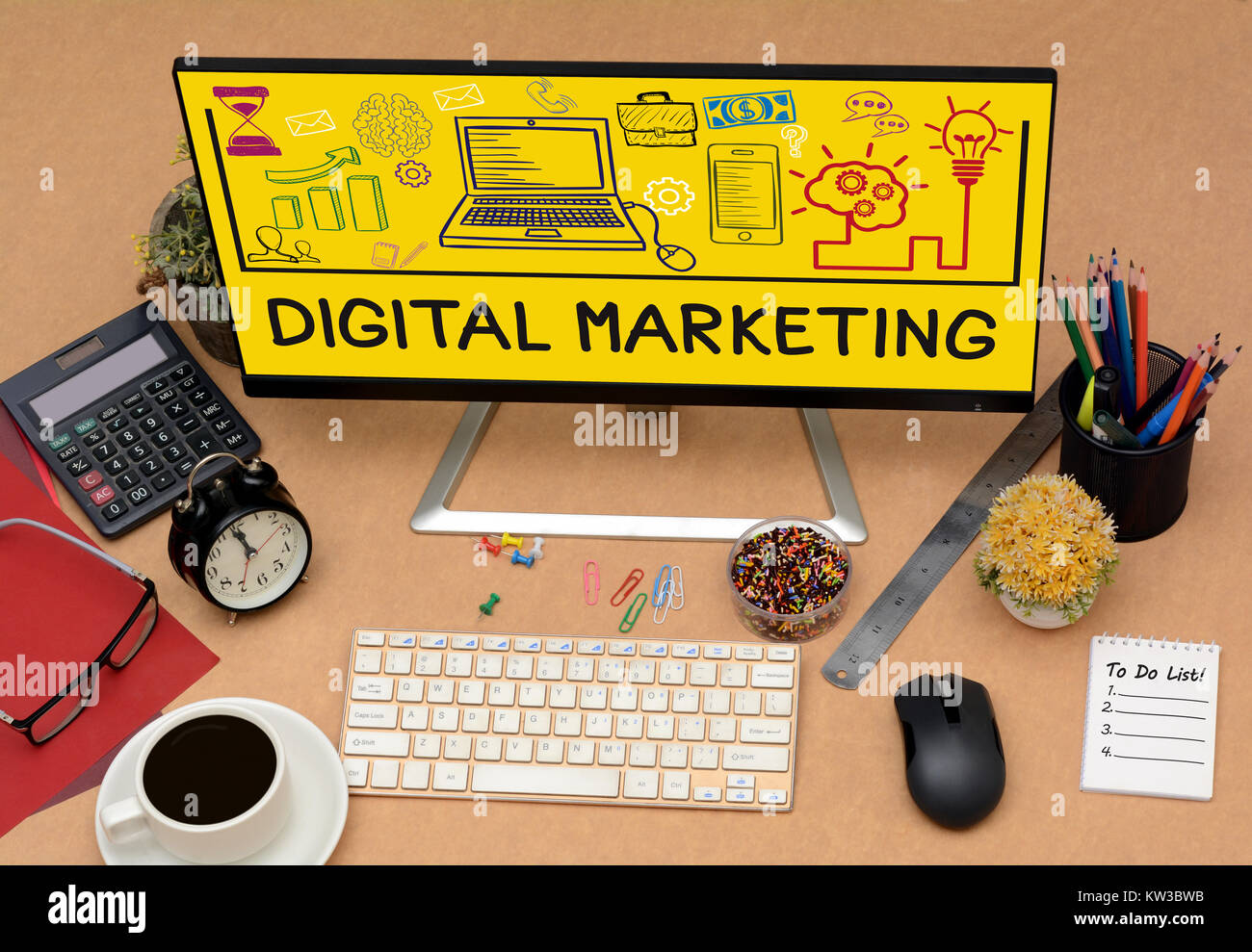 Digital Marketing Drawing Icons on Office Table Computer Stock Photo ...
