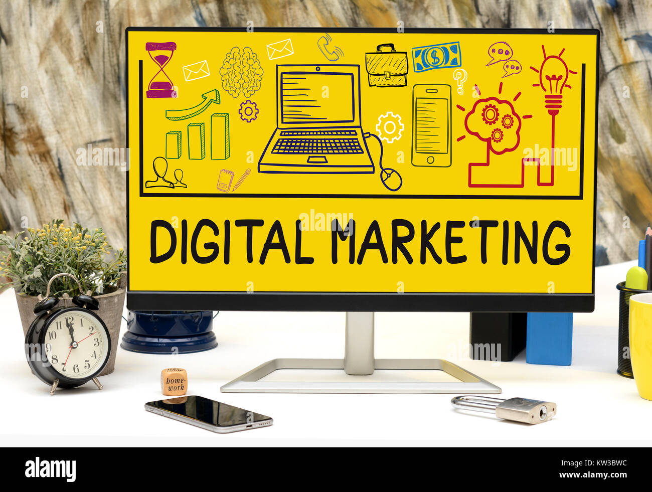 Digital Marketing Drawing Icons on Office Table Computer Stock Photo ...