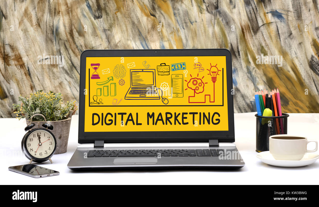 Digital Marketing Drawing Icons on Office Laptop with coffee Stock ...