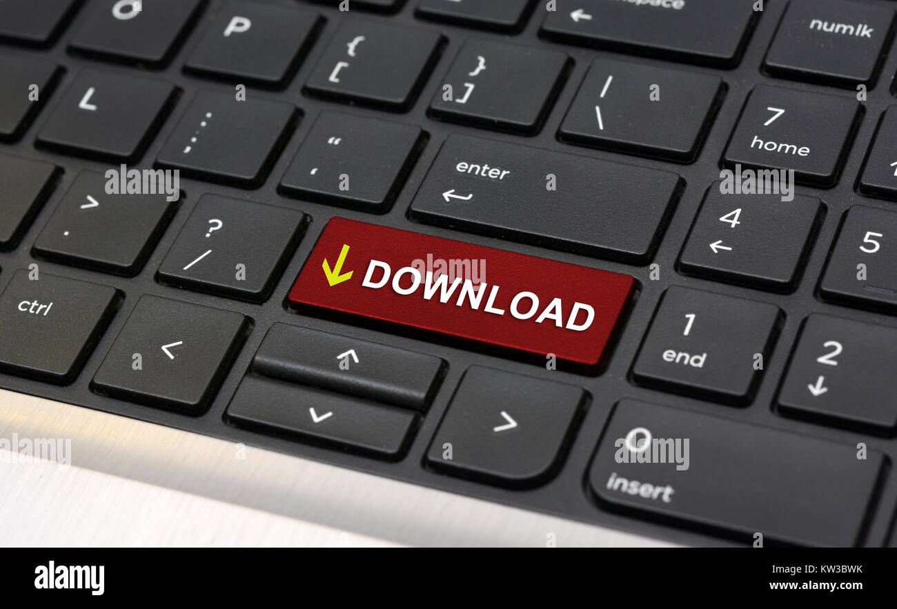 Download Now Button on laptop keyword closeup Stock Photo - Alamy