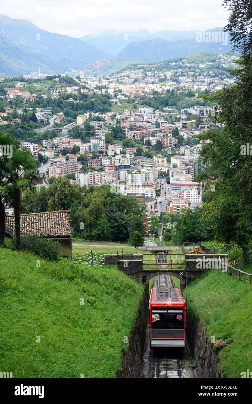 LUGANO, SWITZERLAND - CIRCA AUGUST 2015 Funicular on the slope of San ...