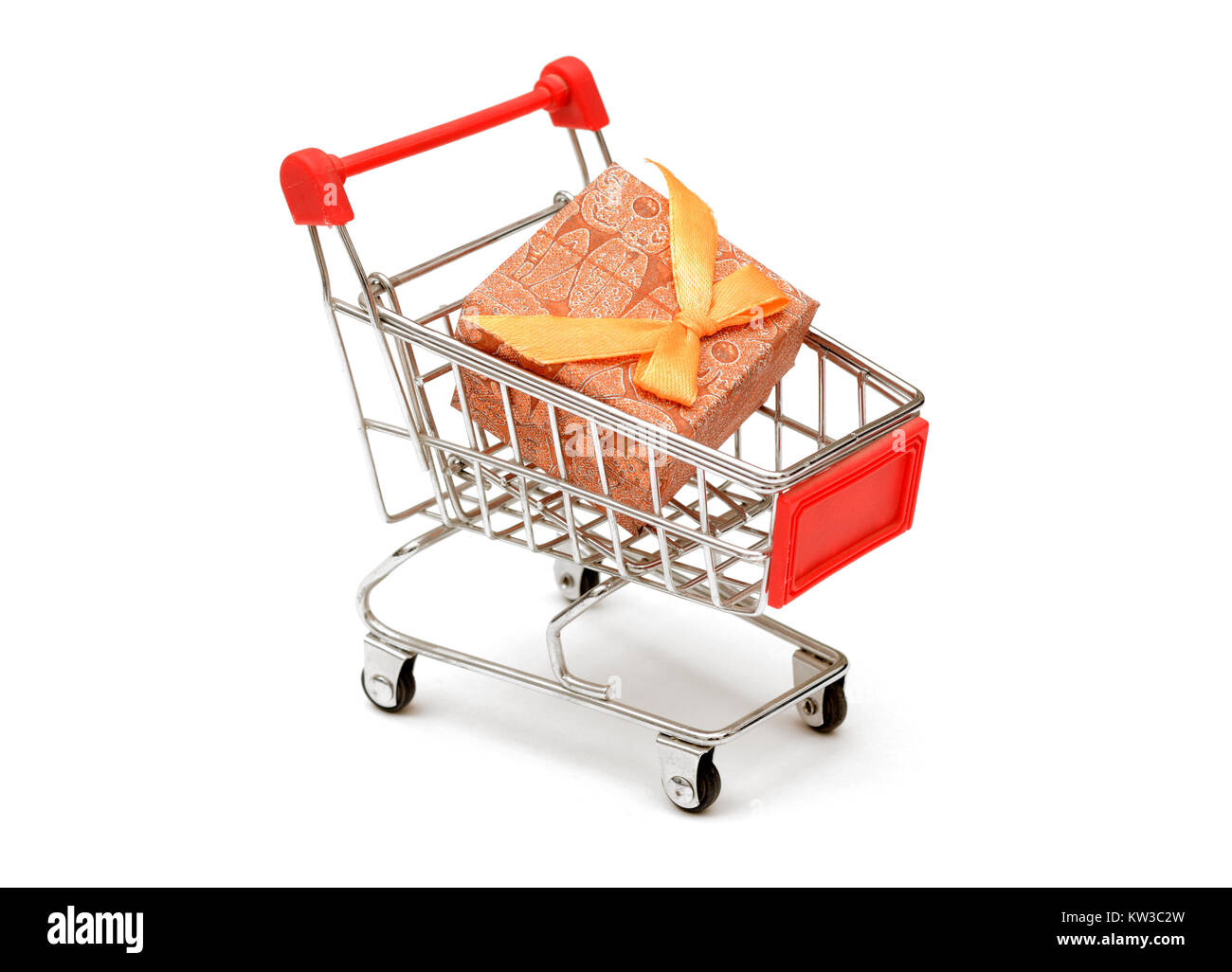 Gift Box in Shopping Cart on white background Stock Photo - Alamy