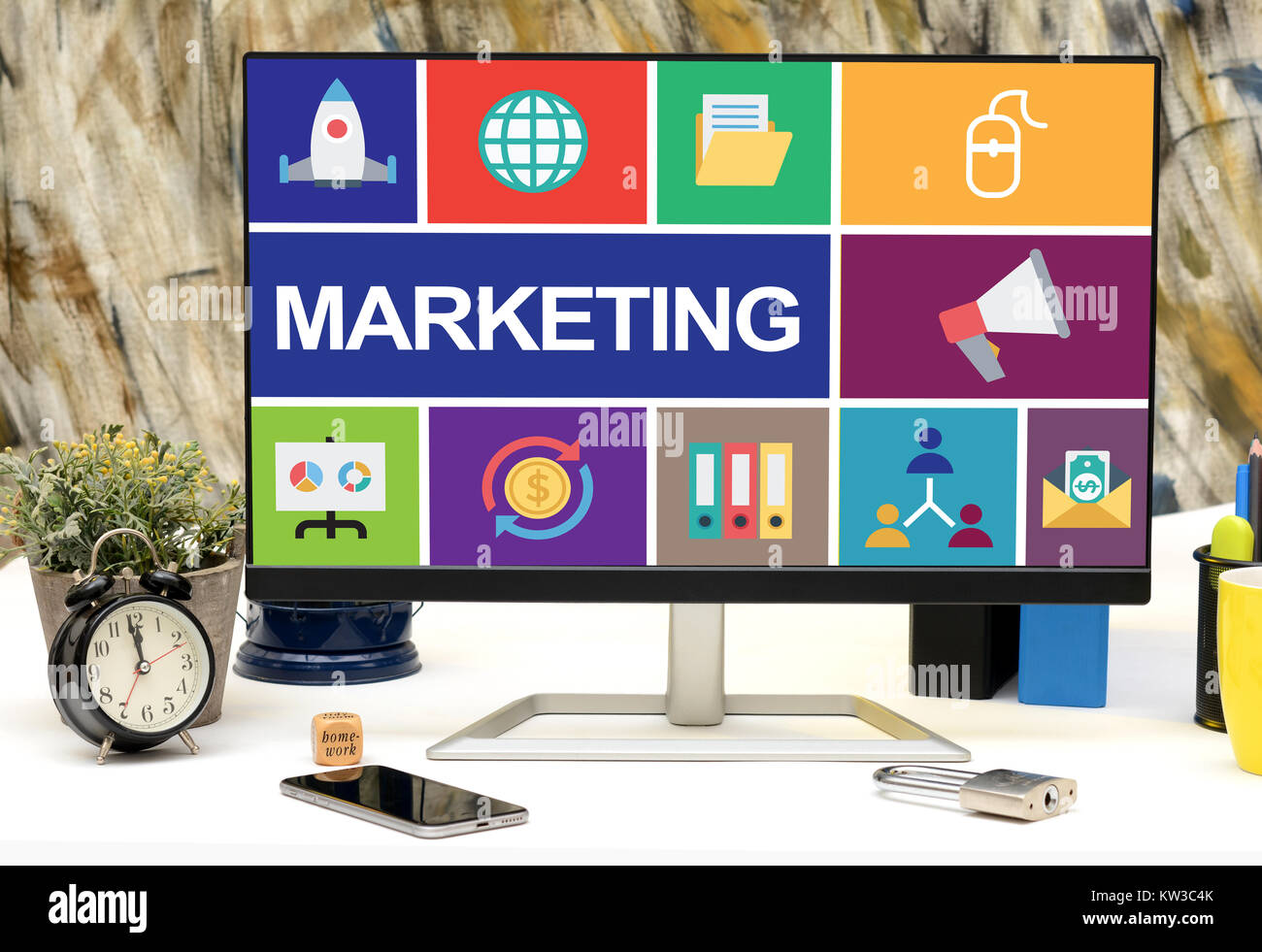 Marketing Concept Design on Monitor display in office Stock Photo - Alamy