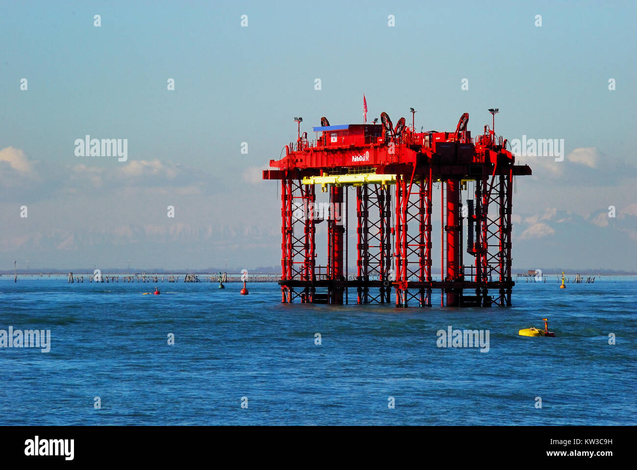 The MOSE project barrier and gantry lift at the Chioggia lagoon ...