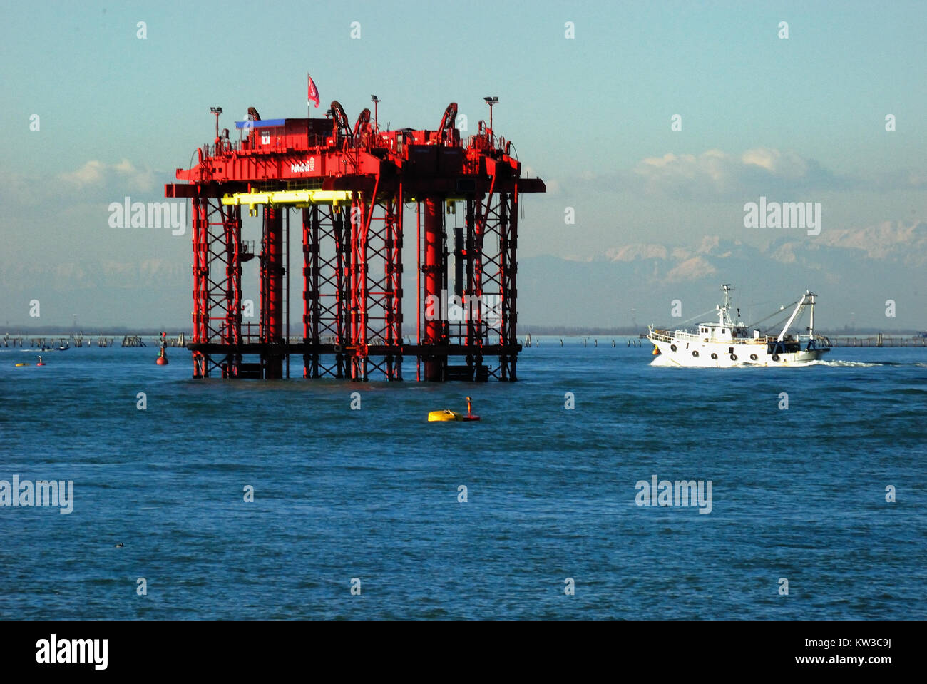 The MOSE project barrier and gantry lift at the Chioggia lagoon ...