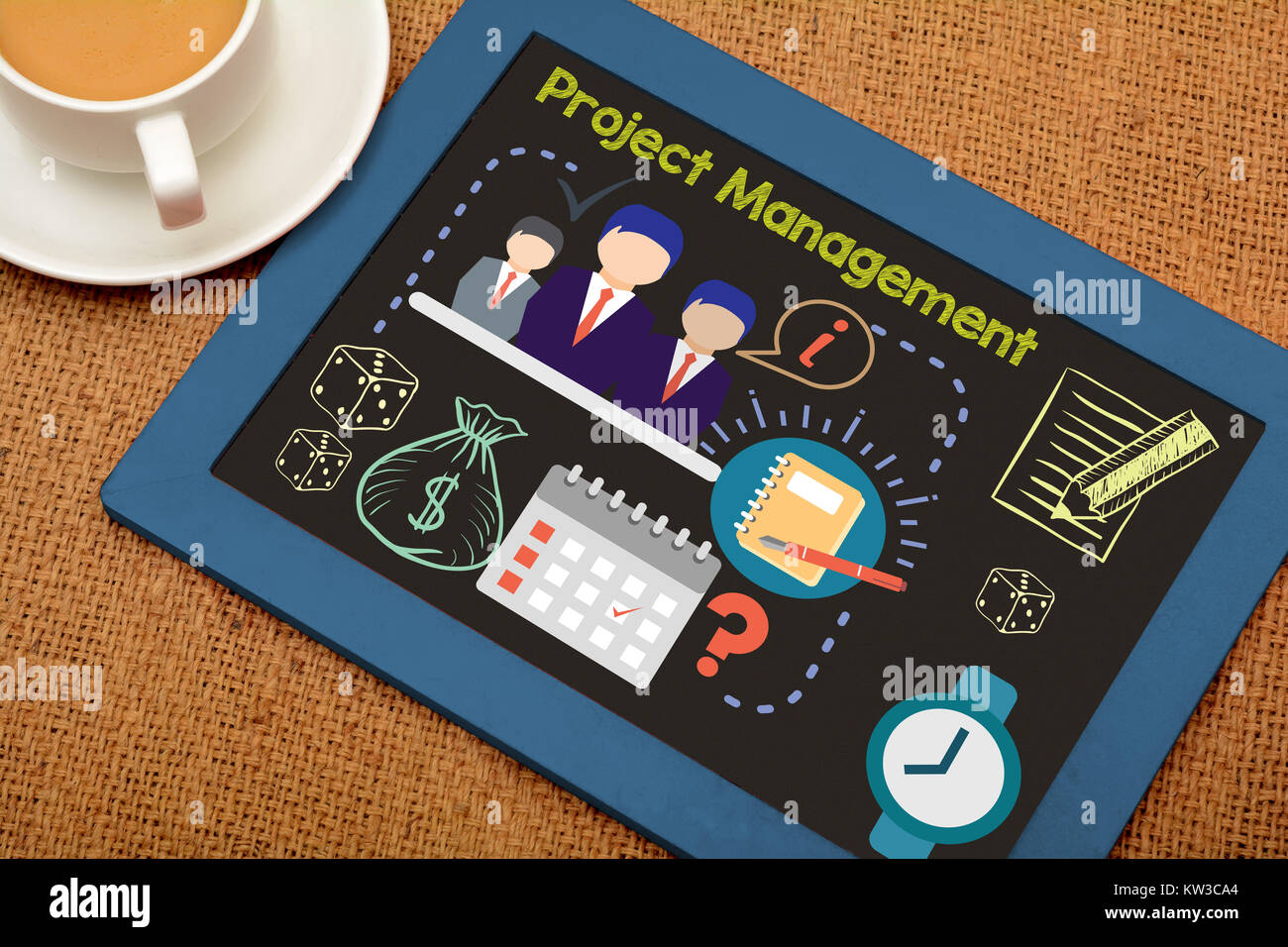 Project Management Drawing Icons on Slate with tea Stock Photo - Alamy