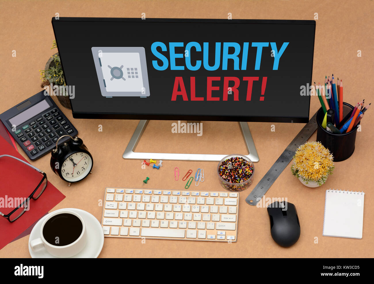 Security Alert Sign on Office Computer Display Stock Photo - Alamy