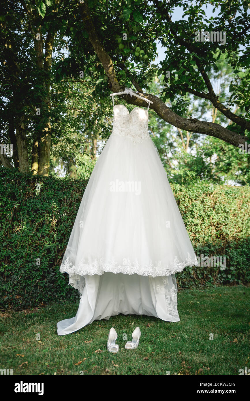 white wedding dress hanging on a tree Stock Photo - Alamy