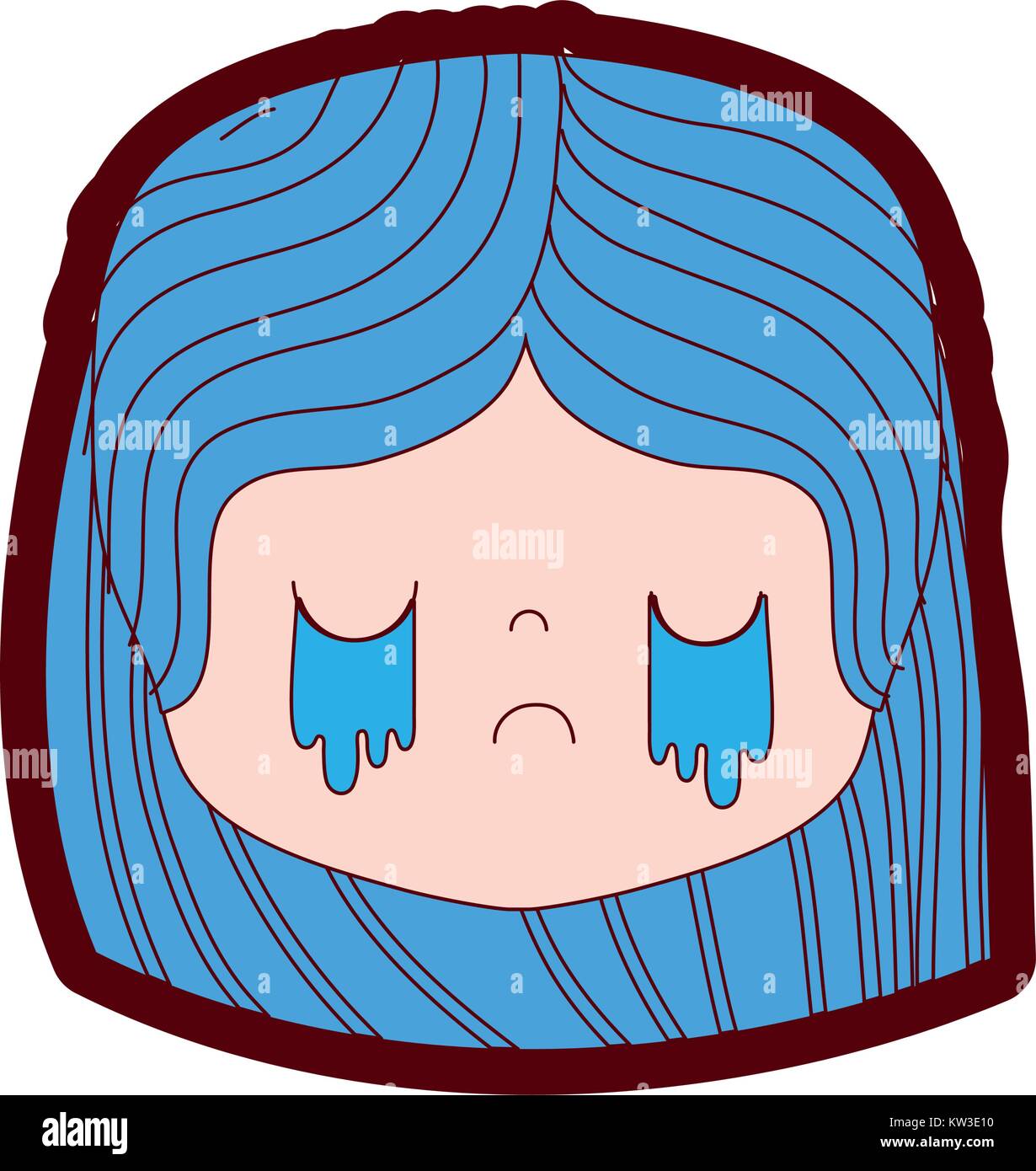 line color girl head with hairstyle and crying face vector illustration ...