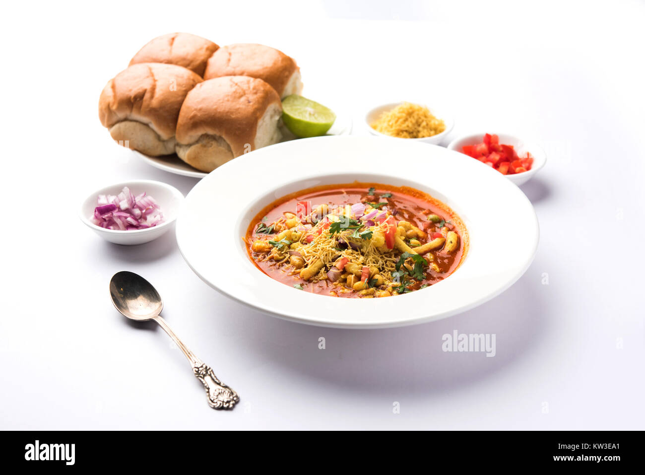 Misal Pav or misalpav, Misal Pav with Farsan. Traditional Indian spicy ...