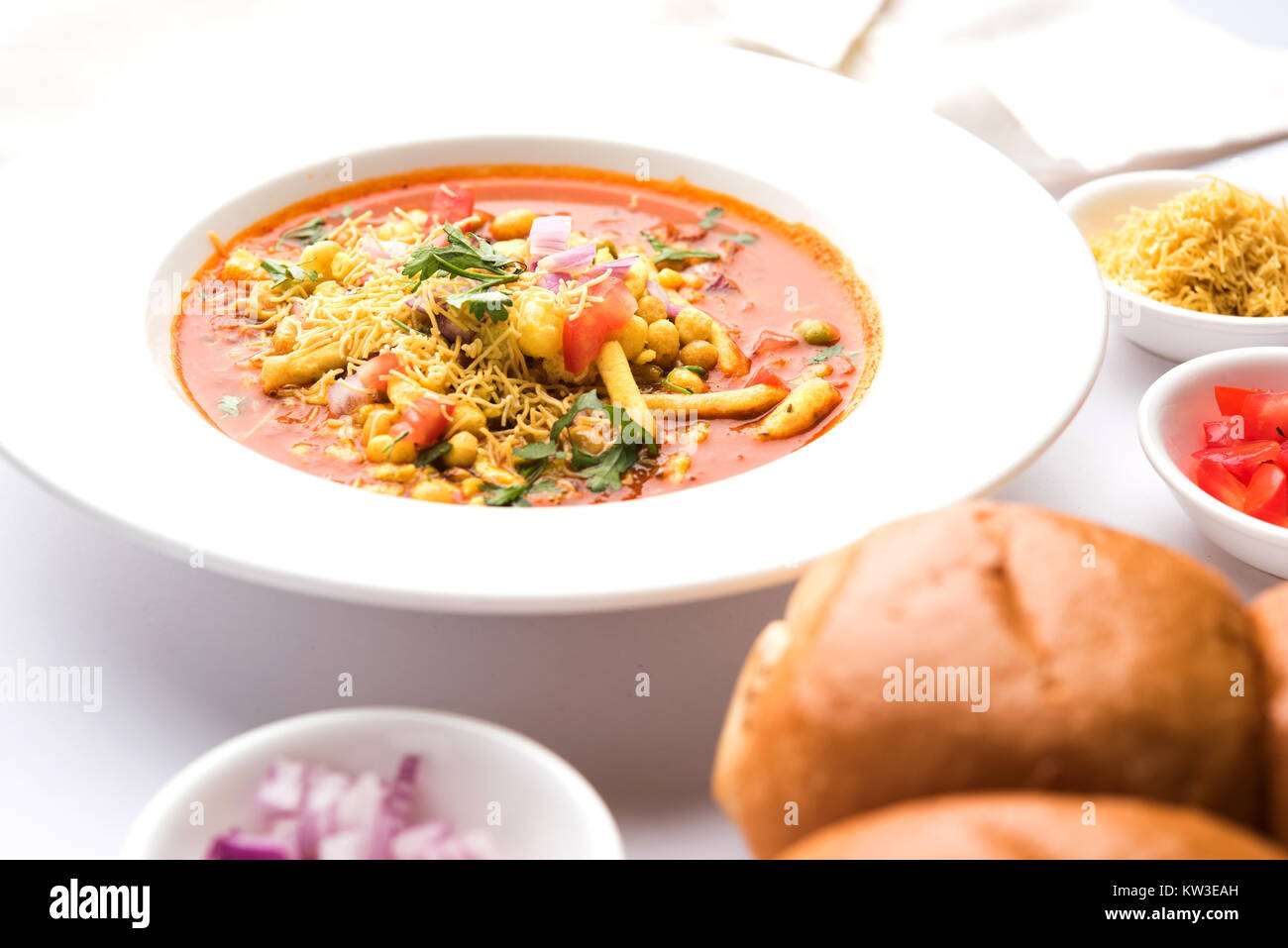 Misal Pav or misalpav, Misal Pav with Farsan. Traditional Indian spicy ...