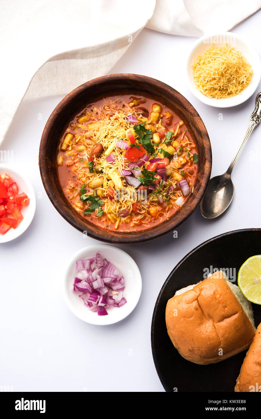 Misal Pav or misalpav, Misal Pav with Farsan. Traditional Indian spicy ...