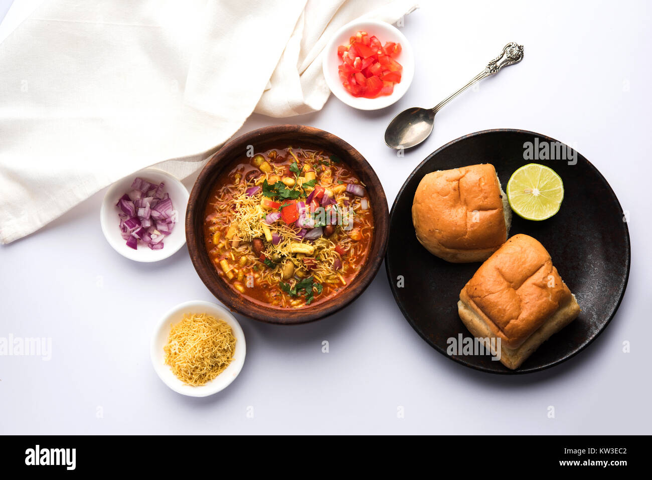 Misal Pav or misalpav, Misal Pav with Farsan. Traditional Indian spicy ...