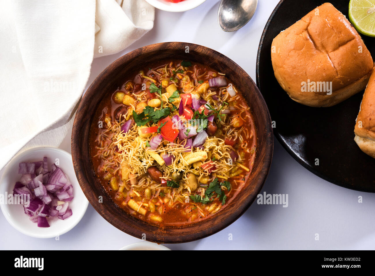 Misal Pav or misalpav, Misal Pav with Farsan. Traditional Indian spicy ...