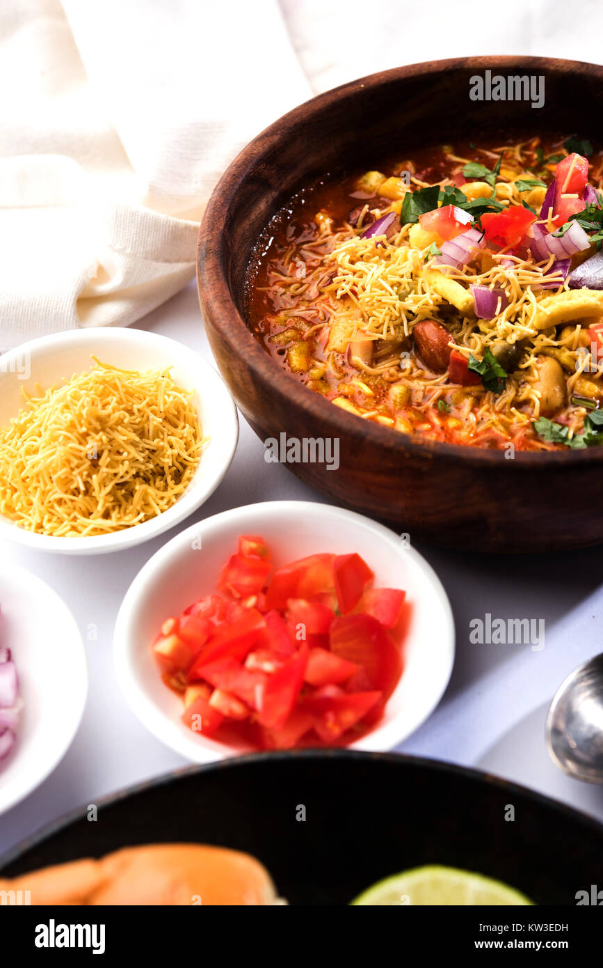 Misal Pav or misalpav, Misal Pav with Farsan. Traditional Indian spicy ...