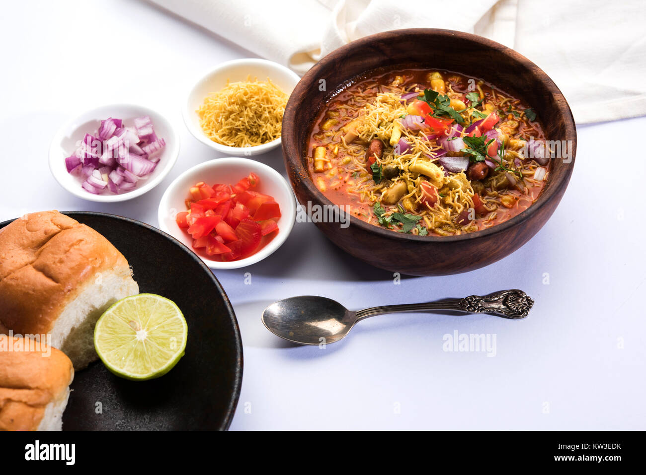 Misal Pav or misalpav, Misal Pav with Farsan. Traditional Indian spicy ...