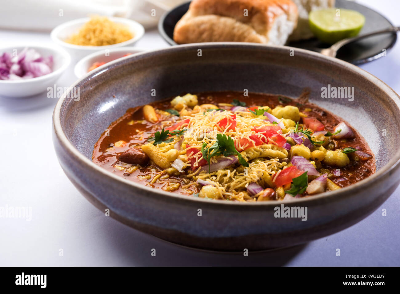 Misal Pav or misalpav, Misal Pav with Farsan. Traditional Indian spicy ...