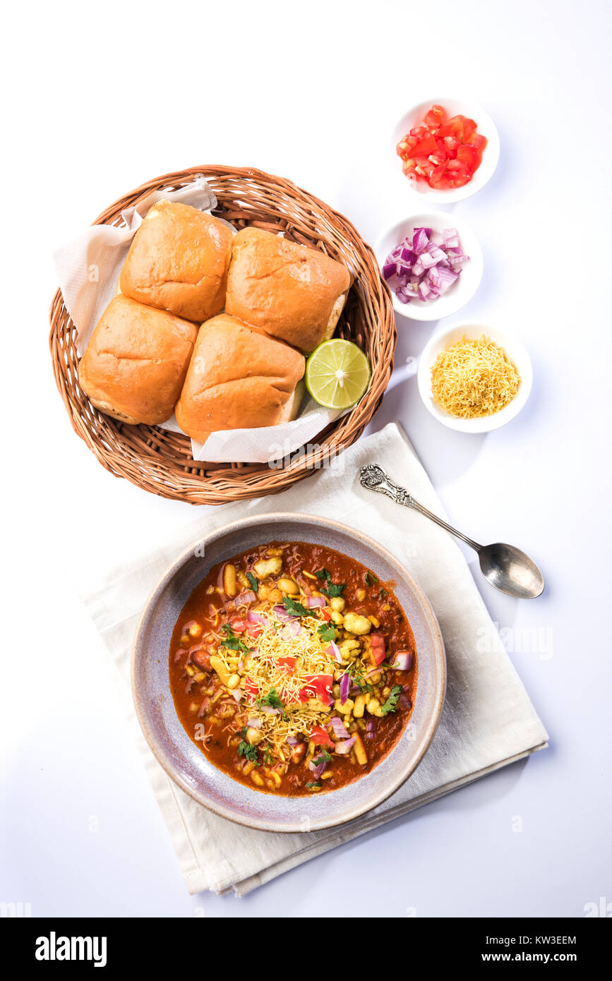 Misal Pav or misalpav, Misal Pav with Farsan. Traditional Indian spicy ...