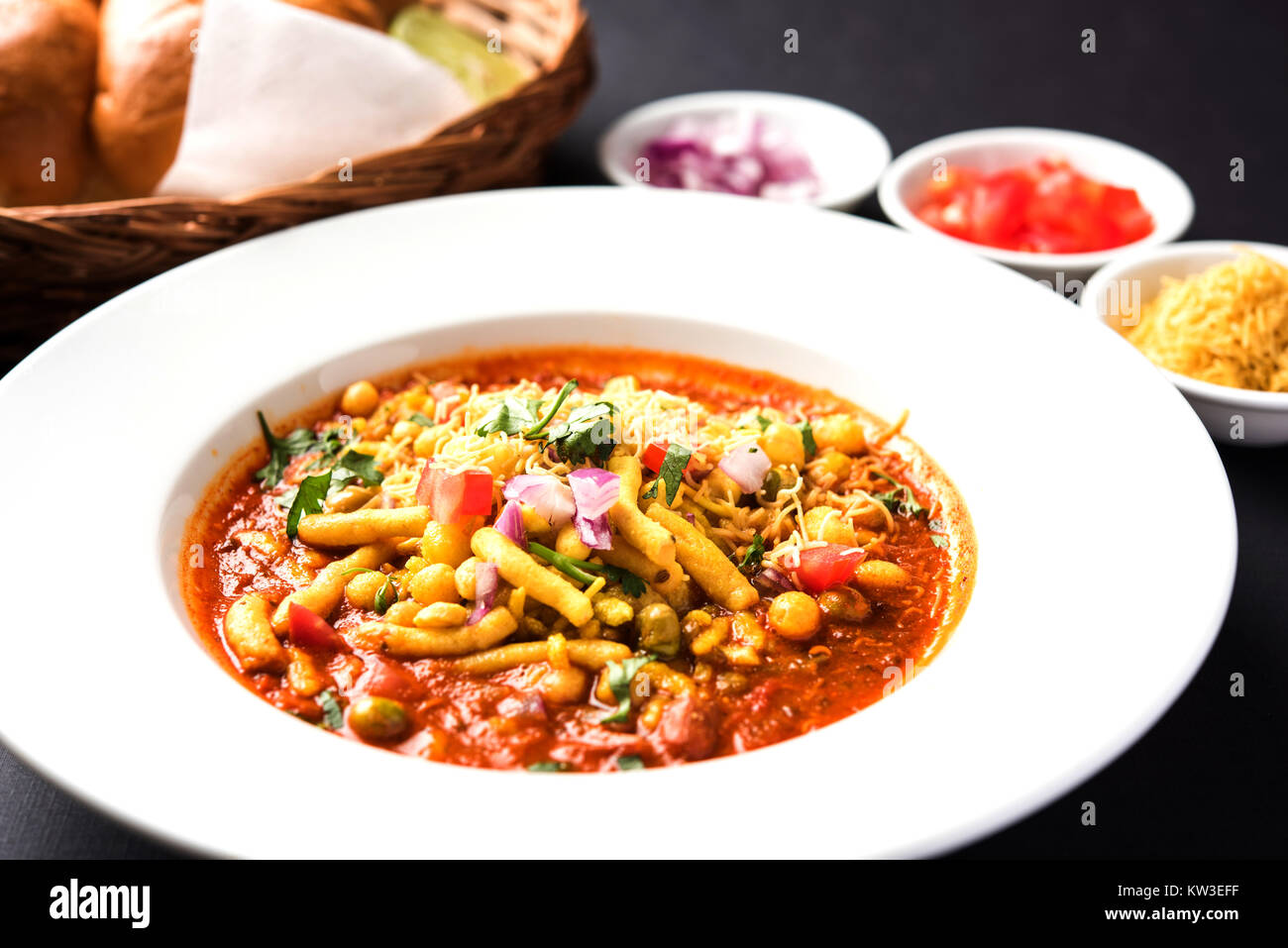 Misal Pav or misalpav, Misal Pav with Farsan. Traditional Indian spicy ...