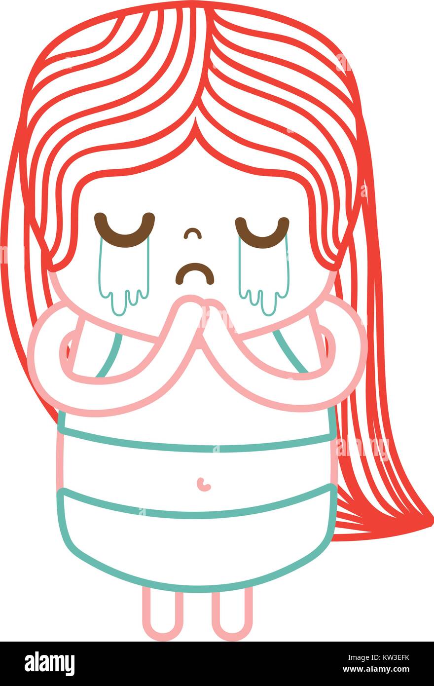 color line girl wth long hair and crying face vector illustration Stock ...