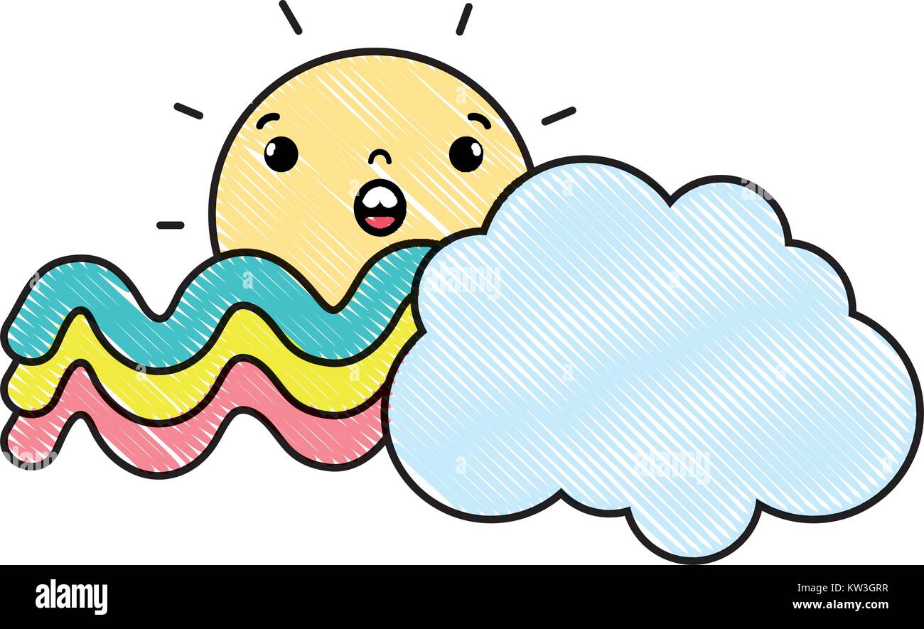 grated surprised sun with cloud and rainbow weather vector illustration ...