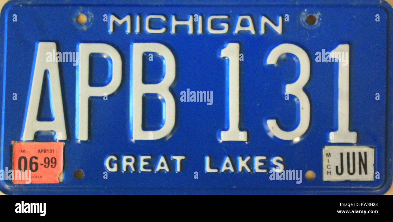 Photograph of a Michigan license plate bearing the number APB 131 ...