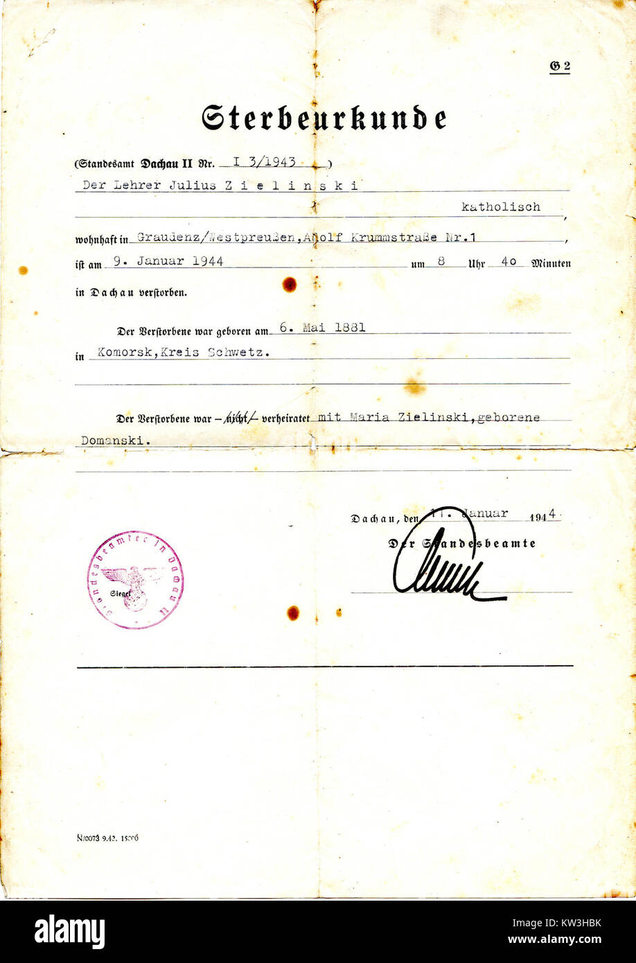 The death certificate (Sterbeurkunde) of Juliusz Zielinski, a Polish ...
