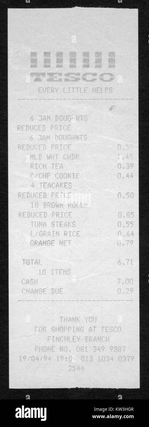 This Tesco grocery receipt from Finchley, dated 1994, represents a ...