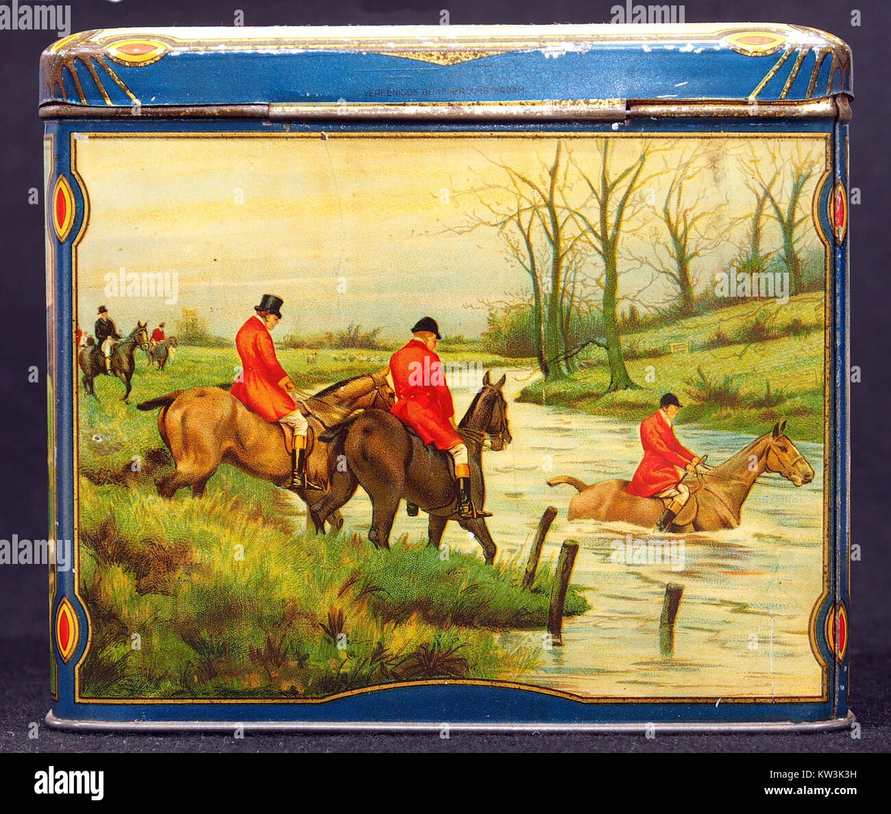 This photograph shows a scene from a fox hunt, depicting hunters and ...