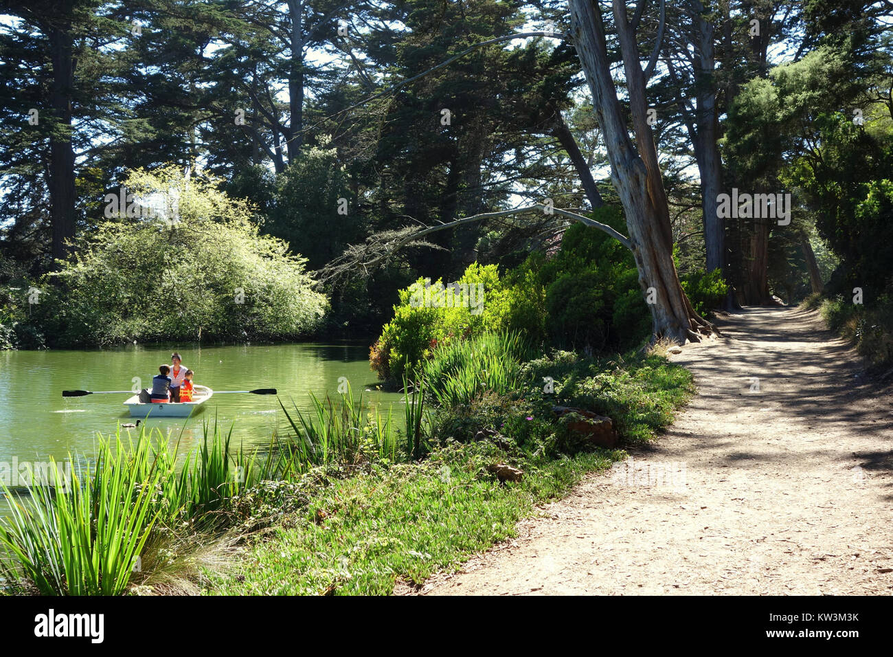 This image shows a boating scene on Stow Lake, located in Golden Gate ...