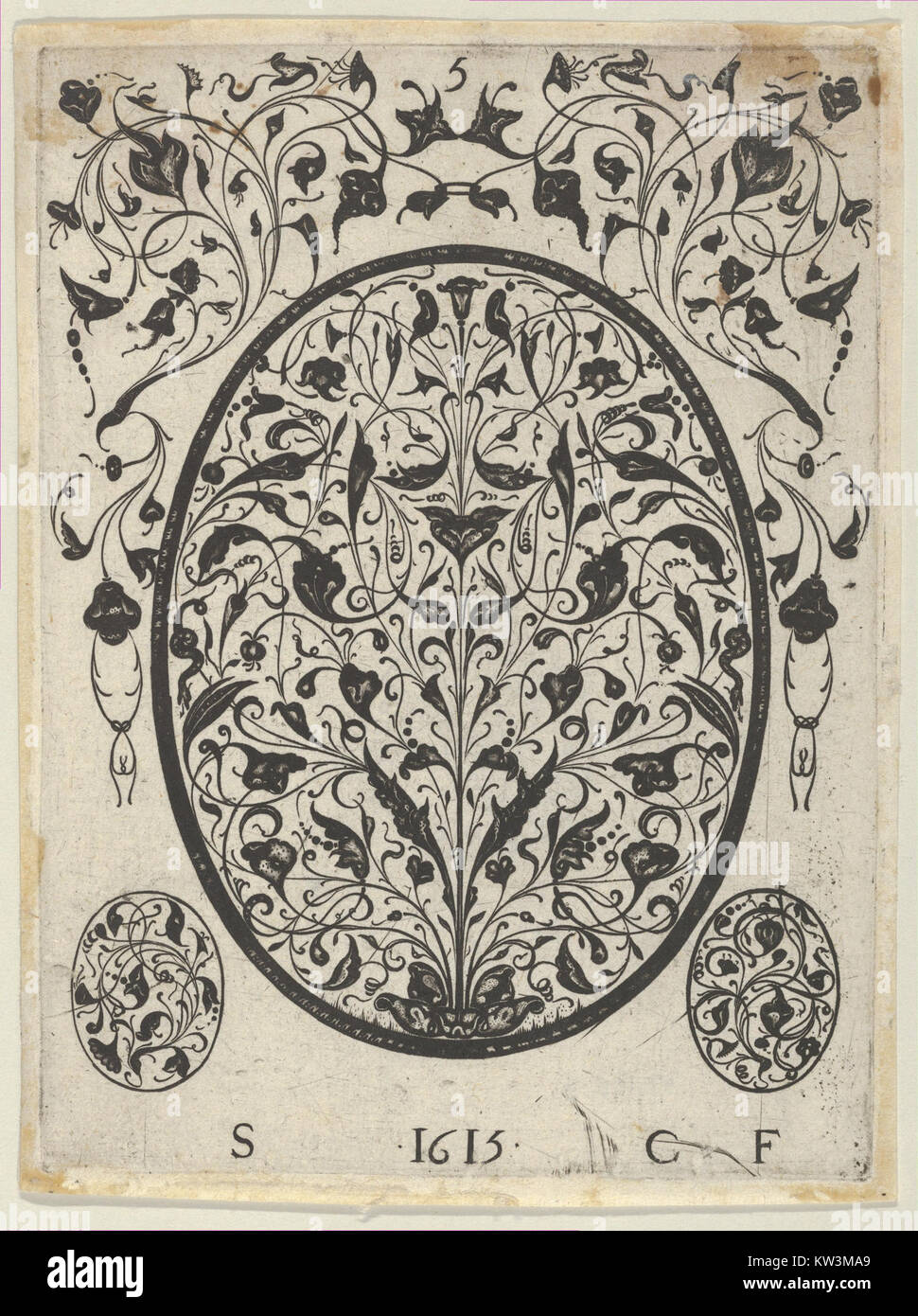 This blackwork print features a detailed foliate scroll design at the ...