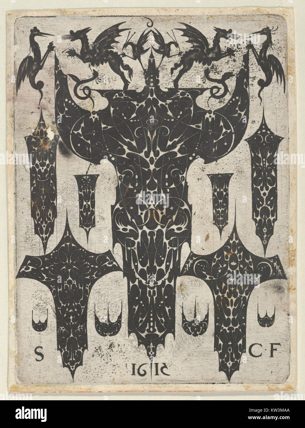 This print features grotesque figures engaged in combat, surrounded by ...