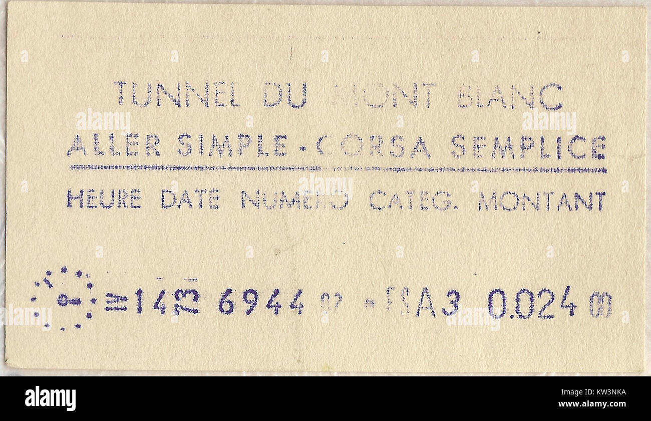 Ticket for the Mont Blanc Tunnel, issued in 1973. This transport ticket ...