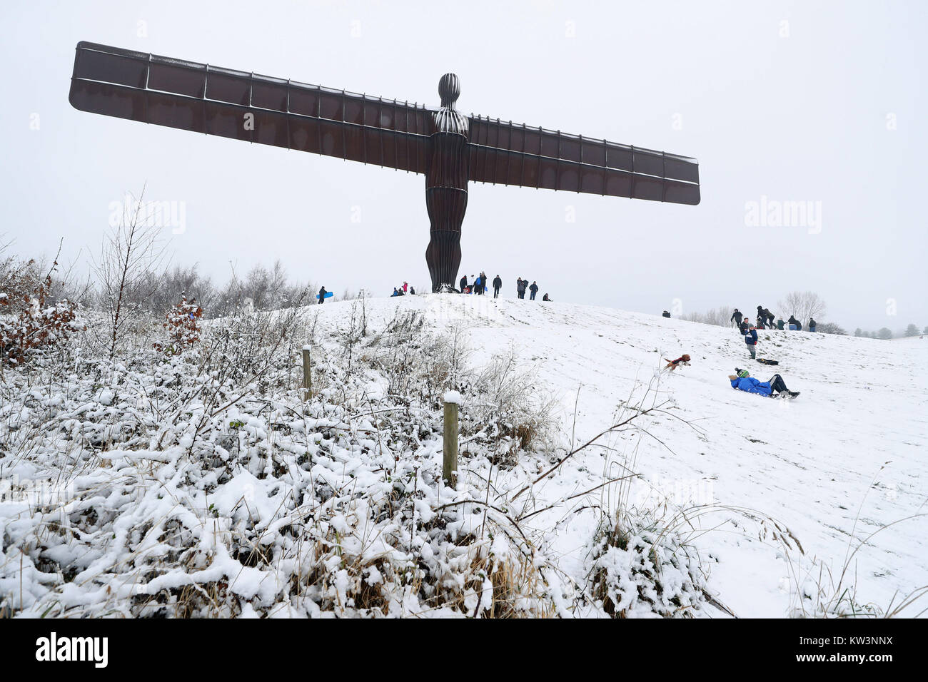 People sledging under the Angel of the North in Gateshead, after heavy ...