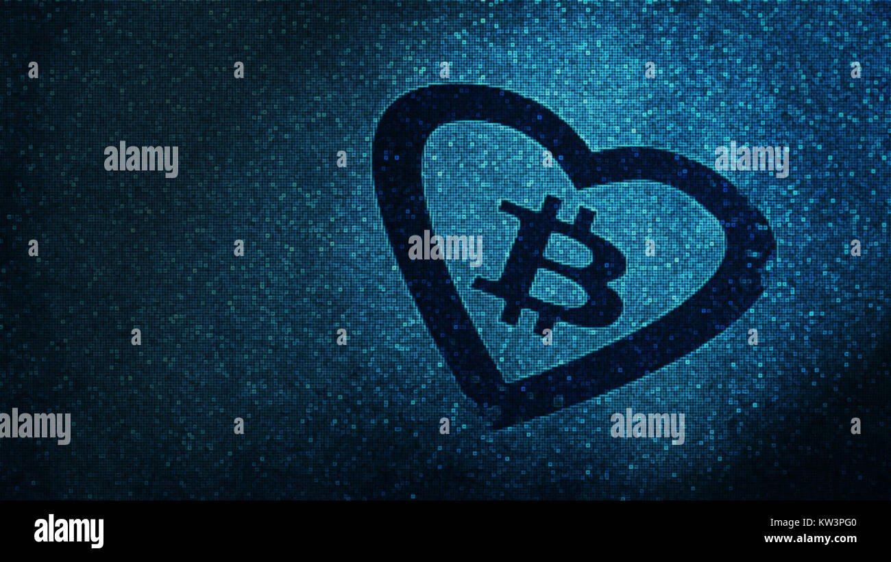 This image depicts a heart symbol made with the Bitcoin logo on a blue ...