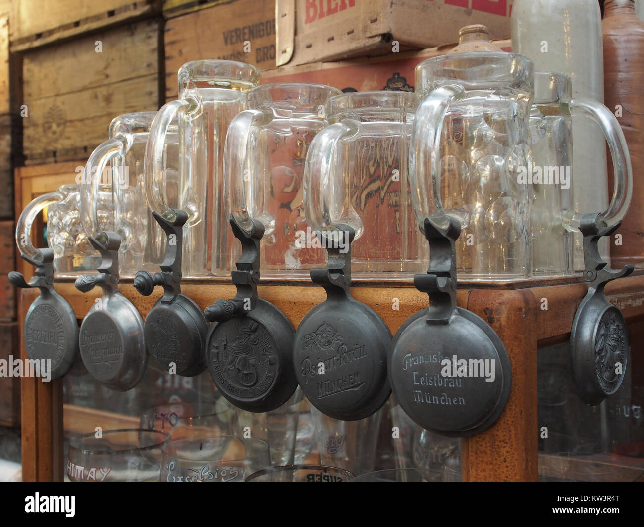 The Bierpullen (beer mugs) in the Beer Advertising Museum showcase ...