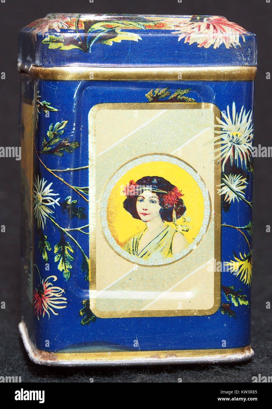 This image showcases a blue tea tin, capturing its design and aesthetic ...