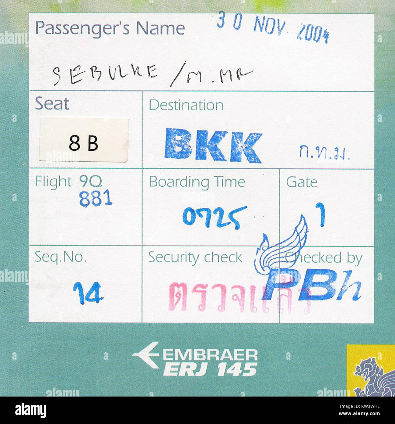 This PBAir boarding card from 2004 represents a flight on PBAir, a ...
