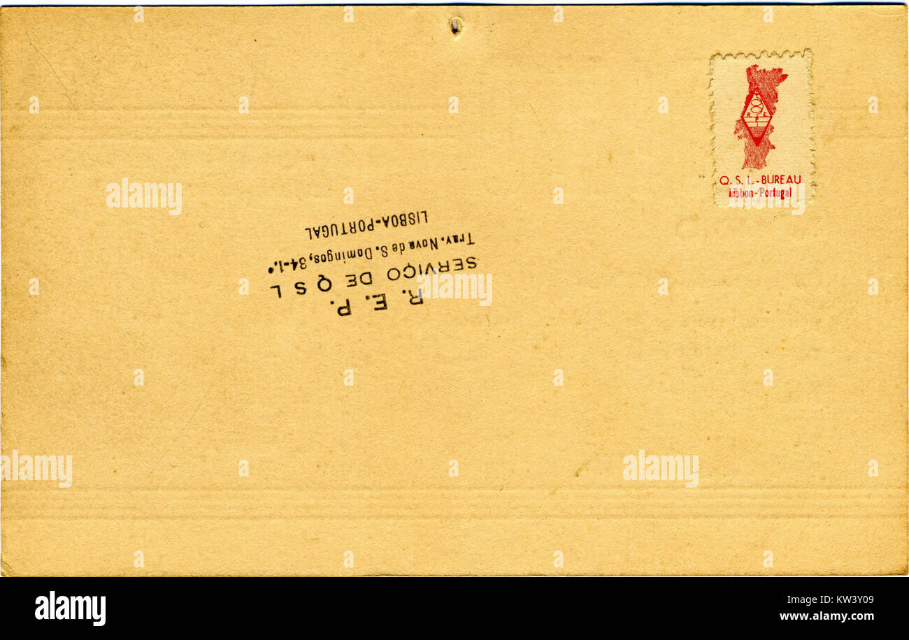 This image shows a QSL card used by radio amateurs, with a stamp from ...