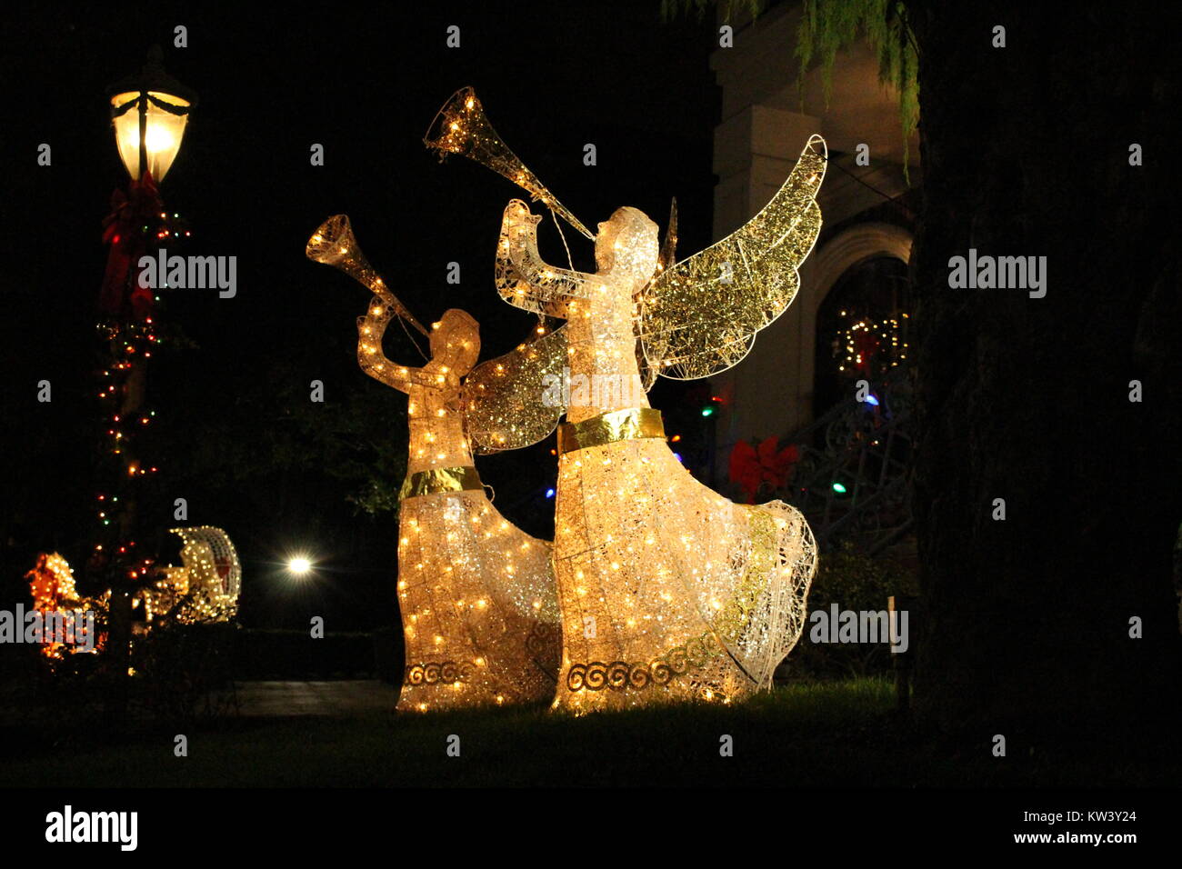 Two Light Up Angel Decorations in Dyker Heights, Brooklyn Stock Photo ...