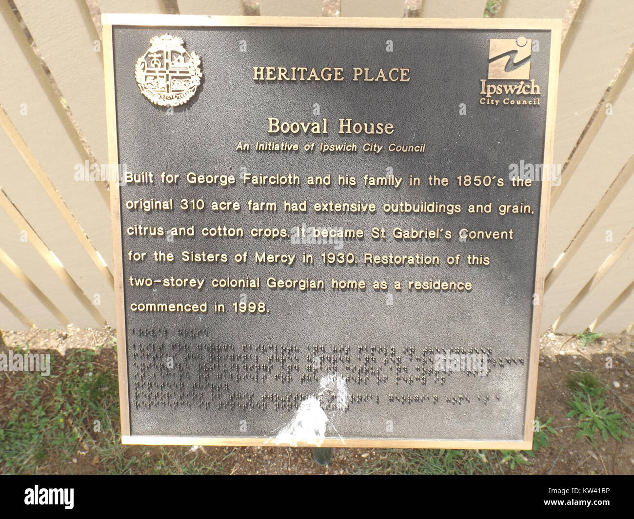 A commemorative plaque for Booval House, a historical site located in ...