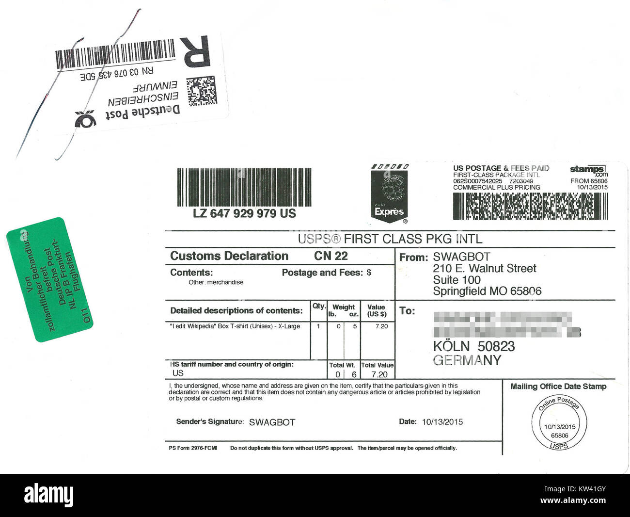 This image represents a package mailed via USPS First Class ...