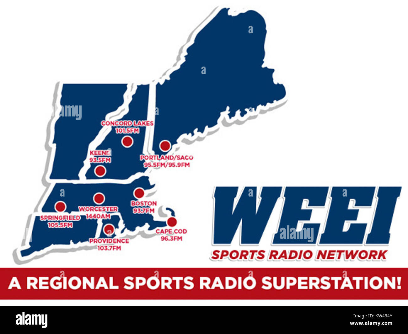 Map of WEEI Sports Radio Network's coverage area, detailing locations ...