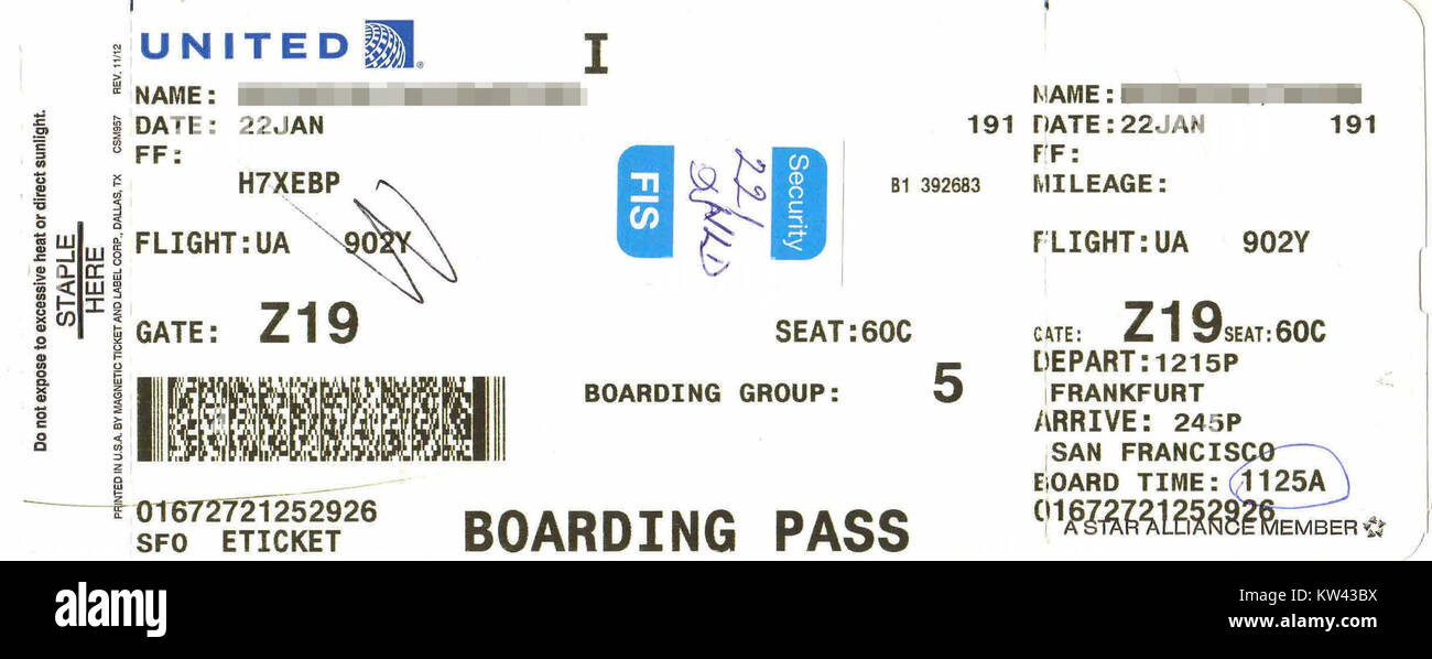 United Airlines boarding pass UA902 Frankfurt San Francisco 2014 01 22 ...