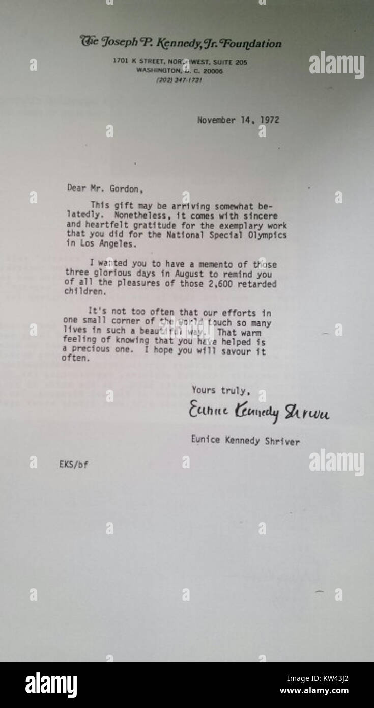 Special Olympics letter from Eunice Kennedy Stock Photo - Alamy