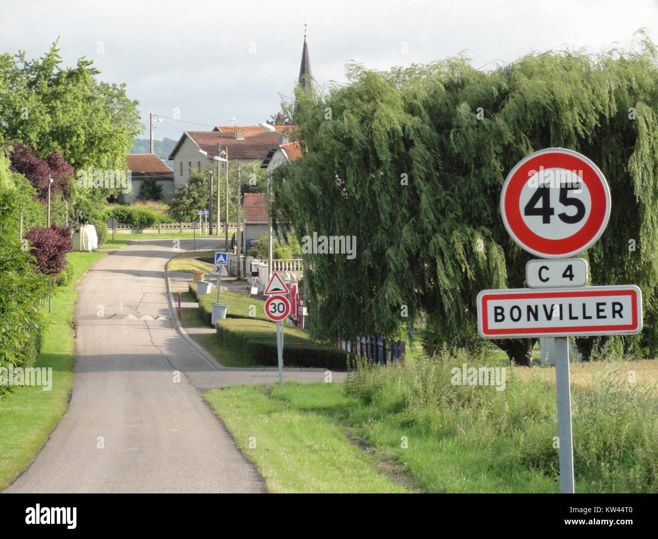 This image shows the city limit sign of Bonviller, a small town in ...