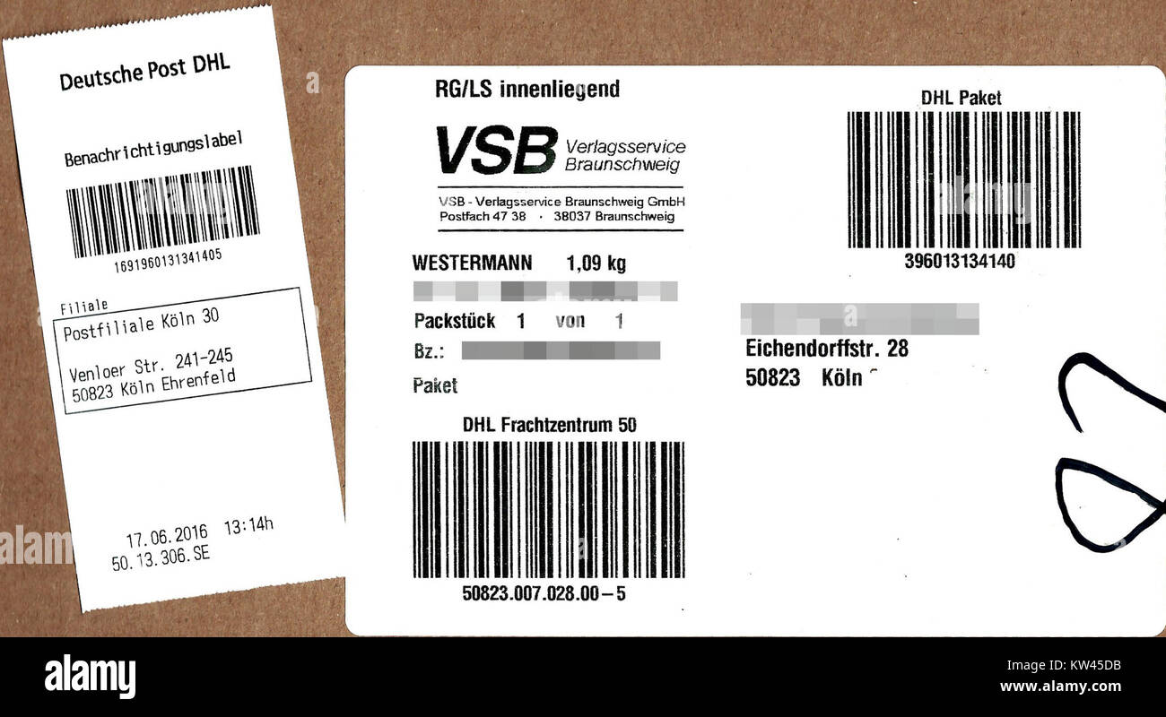 A 2016 DHL package label with a notification tag indicating pickup at a ...